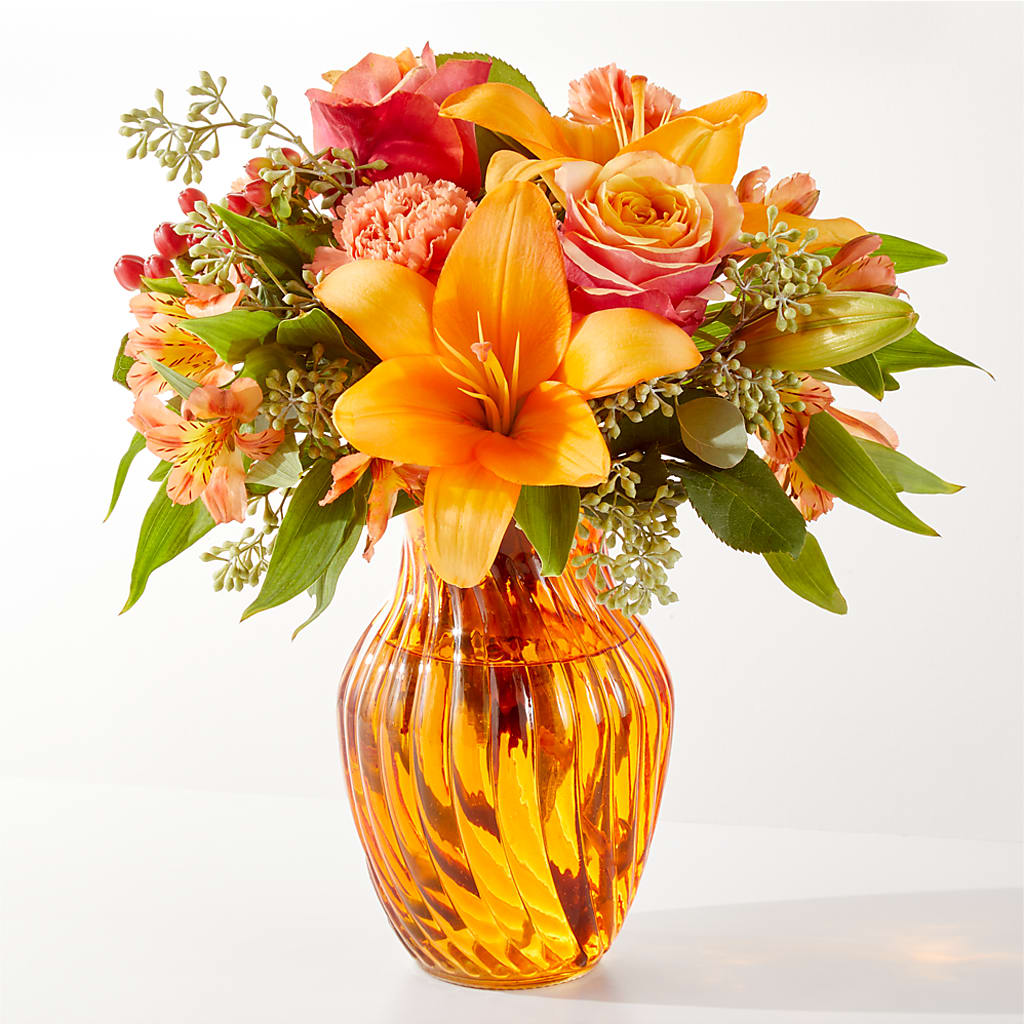 Afternoon Light Bouquet – orange, peach, red flower arrangement ...