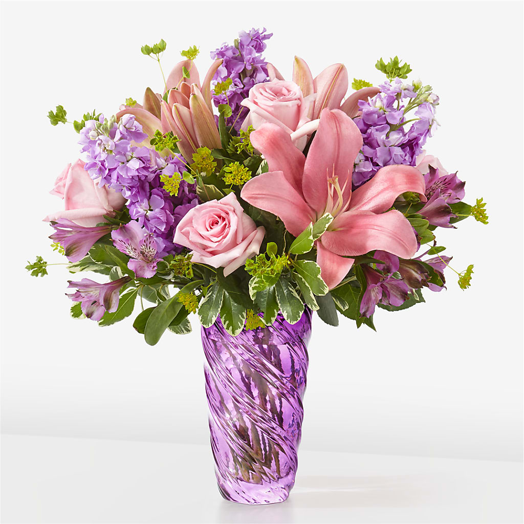 Precious Petals Bouquet with Luxe Swirl Vase – pink, purple flower ...