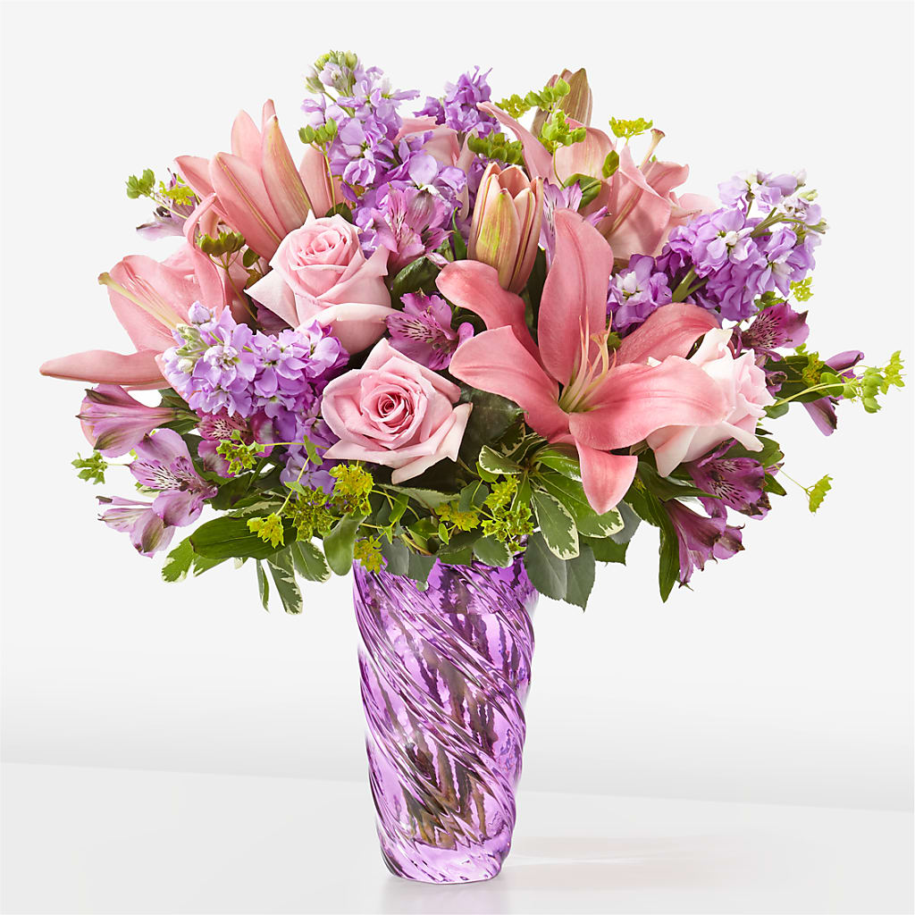 Precious Petals Bouquet with Luxe Swirl Vase – pink, purple flower ...