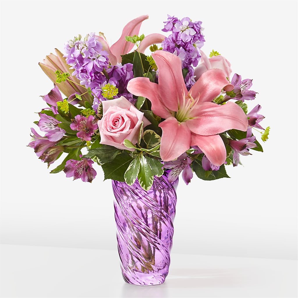 Precious Petals Bouquet with Luxe Swirl Vase – pink, purple flower ...